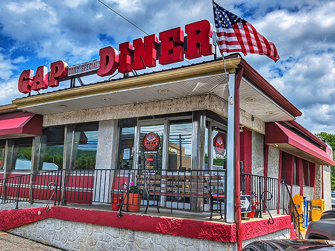 Bold red letters spell out exactly what you need - honest diner food without the fancy fuss.