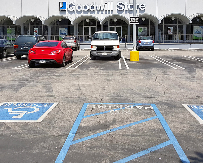 Goodwill's Los Angeles Campus stands ready for treasure hunters. Those blue parking lines lead straight to bargain heaven!