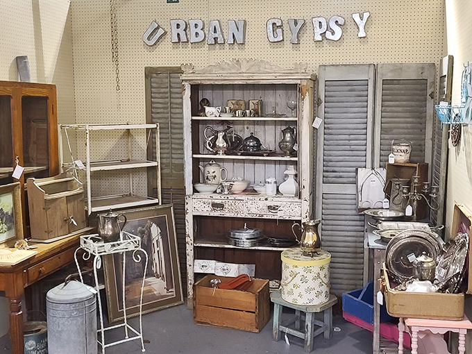 "Urban Gypsy" booth at Heritage Square displays shabby-chic charm. Grandma's castoffs become today's designer treasures!