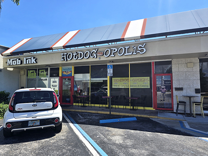 Strip mall exterior, hot dog palace interior - never judge a frankfurter joint by its humble storefront.