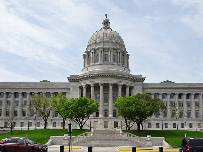 Missouri's Capitol dome gleams in the sunlight, a limestone crown jewel overlooking the Missouri River valley.