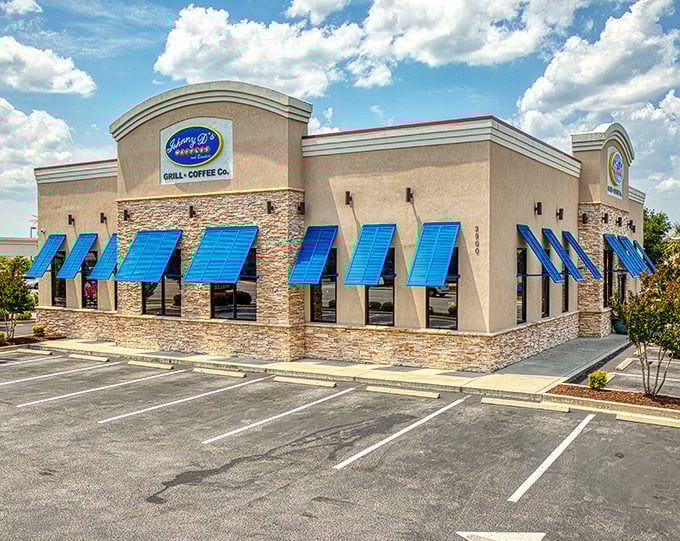 Johnny D's bright blue awnings are like beacons for breakfast lovers&mdash;follow them to waffle paradise on the Grand Strand.