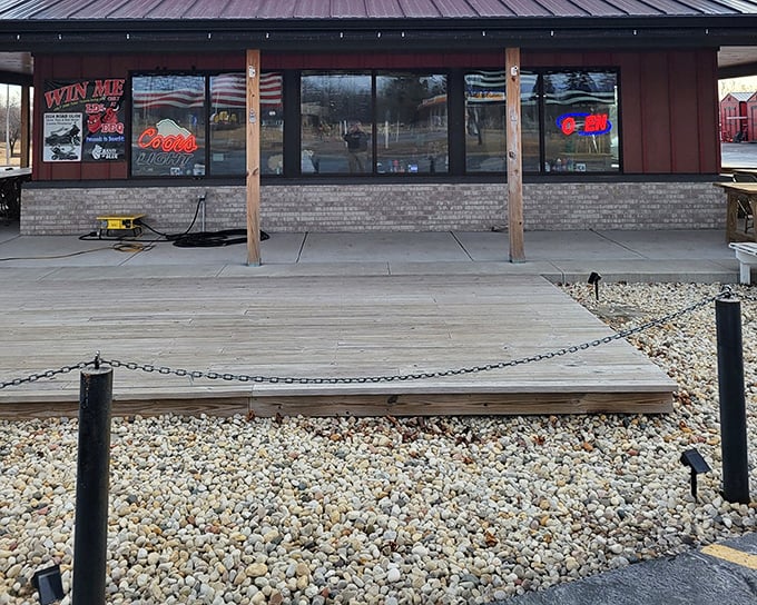 LD's BBQ brings a touch of rustic charm to East Troy, where wooden beams frame doorways to smoked meat paradise.