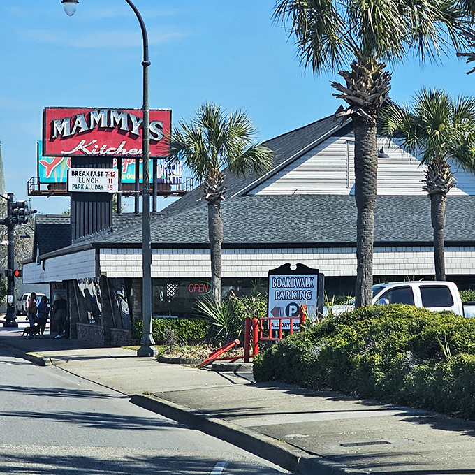 Mammy's Kitchen's beachside sign promises breakfast all day &ndash; because pancakes taste better when you can smell the ocean.