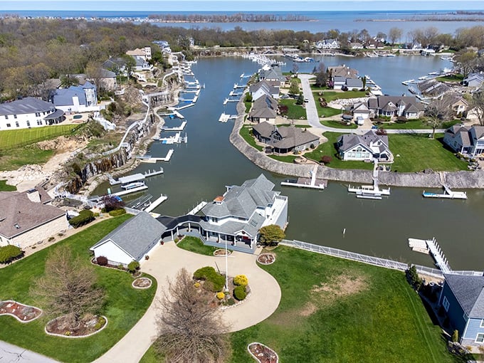 Marblehead's aerial view reveals a town that's mastered the art of lakeside living, with water on three sides like nature's moat.