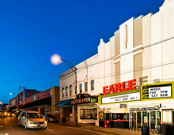 The Earle Theatre's vintage marquee lights up Mount Airy's main drag. Mayberry magic is alive and well in this nostalgic corner of North Carolina.