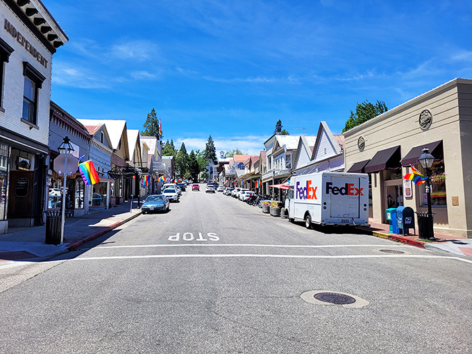 Nevada City's main street&mdash;where Gold Rush history meets modern-day charm, and parking is still an adventure either way.
