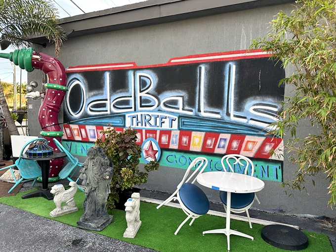 Oddballs Nifty Thrift lives up to its name with this colorful exterior mural. Even the outside displays are a cabinet of curiosities.