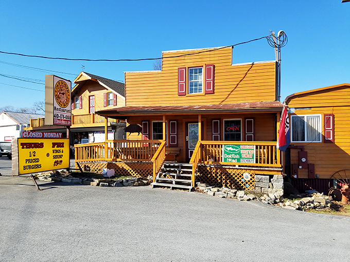 Old South Smokehouse channels Wild West charm with its yellow clapboard and red trim. Cowboy aesthetics, Maryland address.