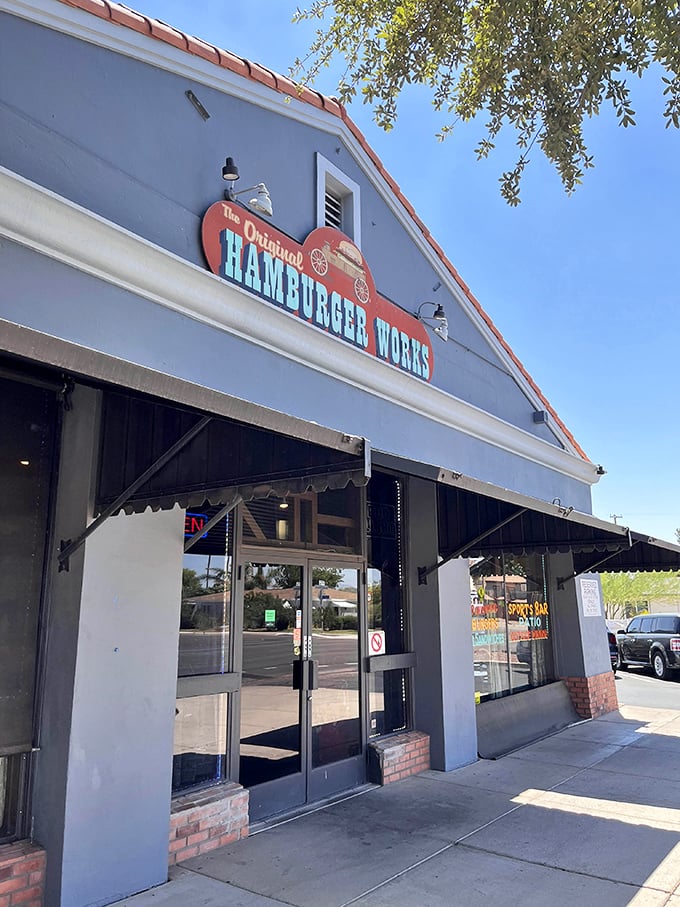 That blue exterior and vintage vibe? It's the burger equivalent of comfort food for your eyes before your taste buds join the party.