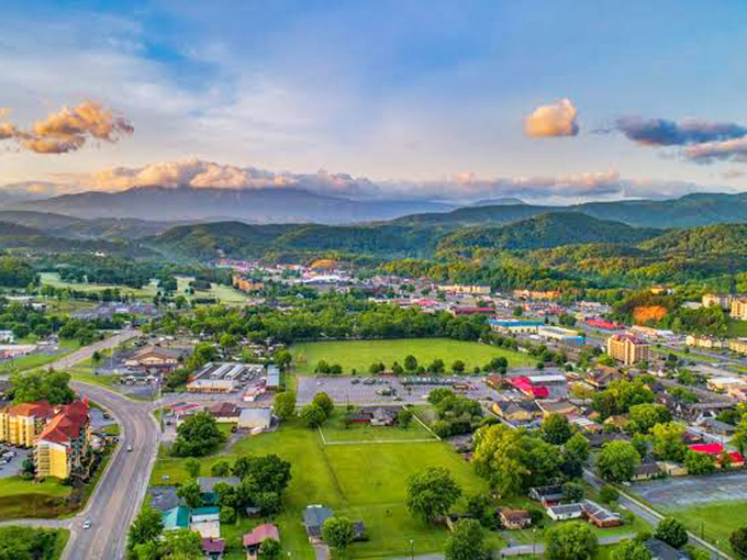 Pigeon Forge from above reveals a bustling valley town cradled by mountains that seem to say, "Relax, we've got you surrounded."