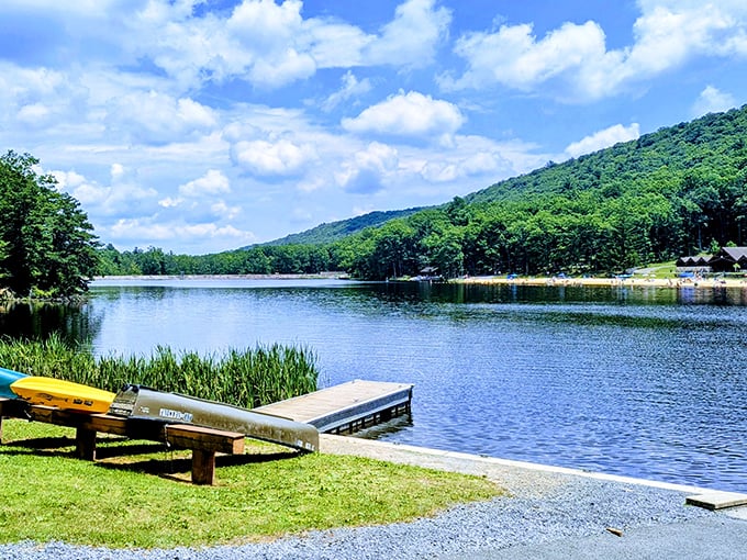 Poe Valley's dock whispers promises of adventure, with kayaks waiting patiently for the next explorer to glide across glass-like waters.