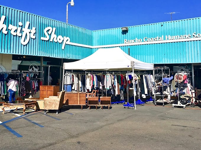 The turquoise exterior of Rancho Coastal's thrift shop is as refreshing as finding designer labels at garage sale prices.