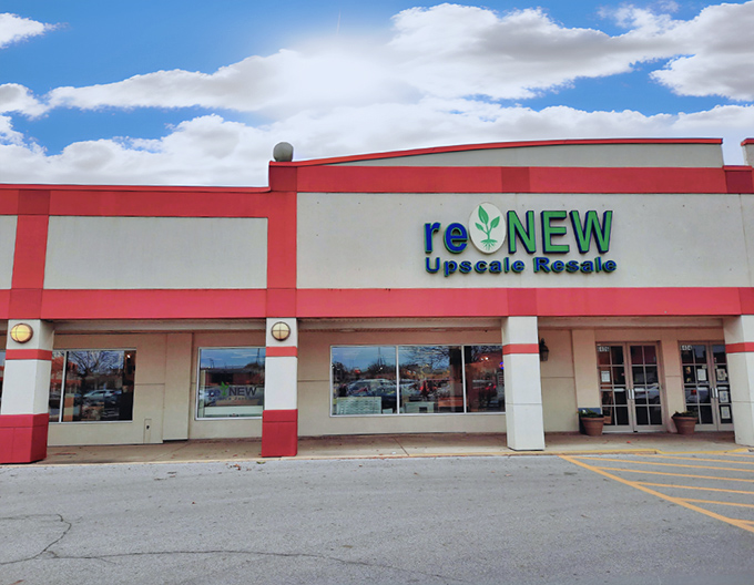 Renew's bright signage pops against the sky like an invitation to refresh your wardrobe and your outlook on secondhand shopping.