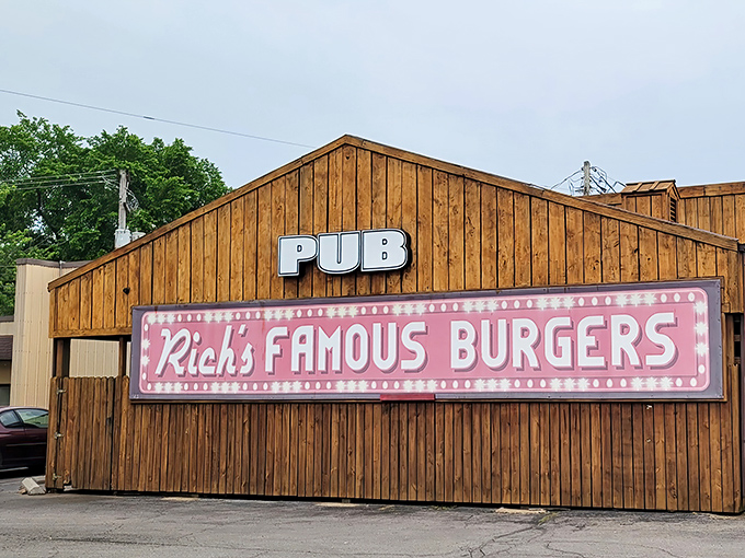 Rich's Famous Burgers' rustic wooden exterior hides a pub where burger magic happens daily in small-town Steelville.
