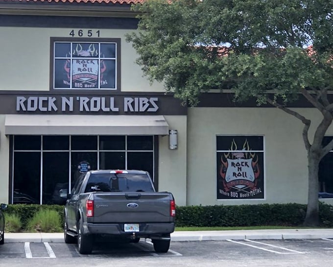 Rock n Roll Ribs announces its musical heritage with its bold signage. Where legendary riffs meet legendary ribs in perfect harmony.