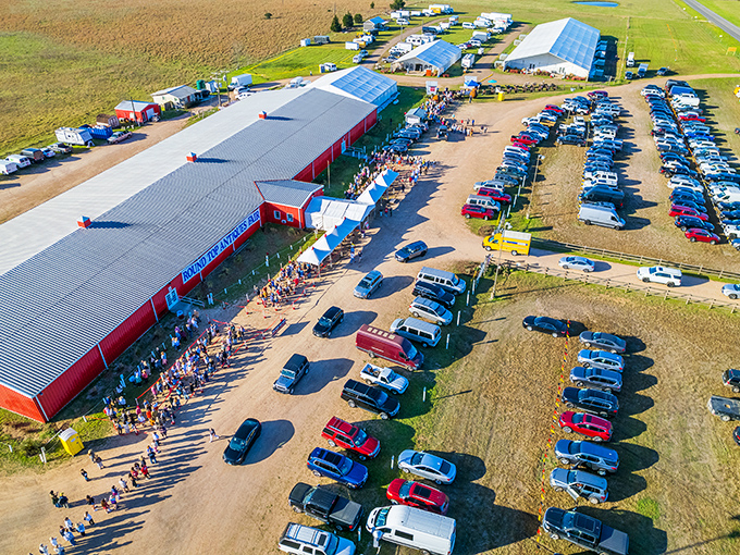 The Round Top Antiques Fair's aerial view reveals its impressive scale. Cars line up like hungry cattle heading to the feed trough of bargains!
