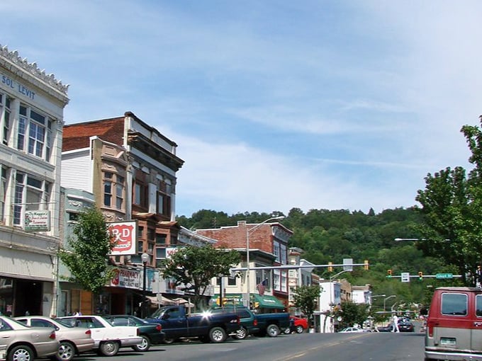 Small town, big personality! Shenandoah's main drag offers a visual buffet of architectural styles with nature's green tablecloth in the distance.