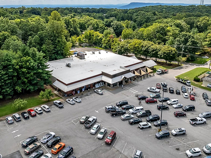 From this aerial view, Signal Mountain's shopping center blends seamlessly into the surrounding greenery, a hallmark of thoughtful mountain development.