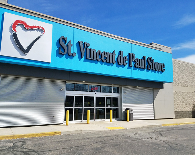 
St. Vincent de Paul's bright blue storefront pops against the sky&mdash;as inviting as finding an unexpected $20 in your winter coat. 