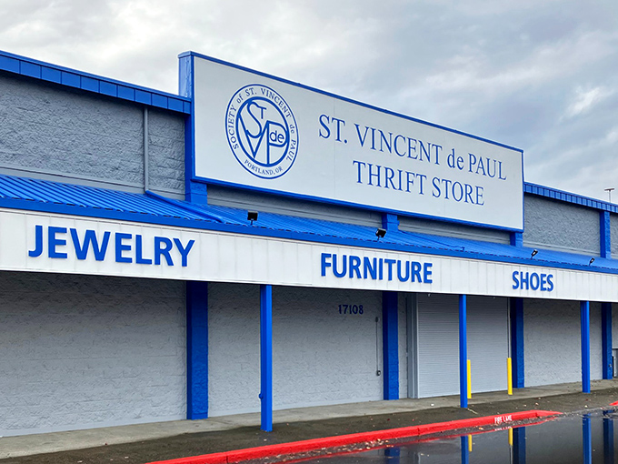 St. Vincent de Paul announces its departments with bold blue signage, promising treasures in every category.
