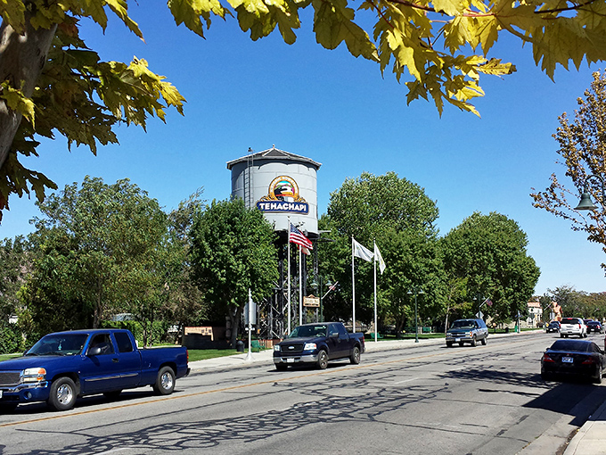 Tehachapi's iconic water tower stands tall against clear blue skies, welcoming visitors to mountain country.
