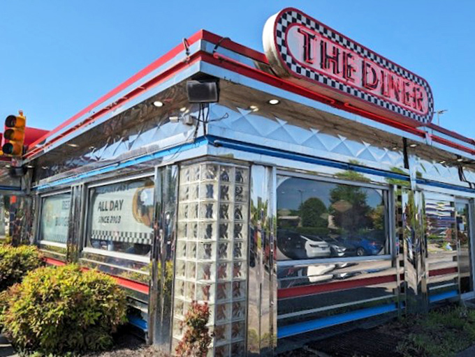 The Diner's classic stainless steel and glass block exterior shines like a chrome button on Sevierville's landscape.