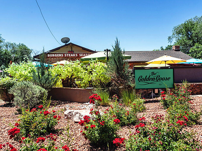 The Golden Goose's garden oasis of red flowers and desert plants sets the stage for a meal that's anything but ordinary.