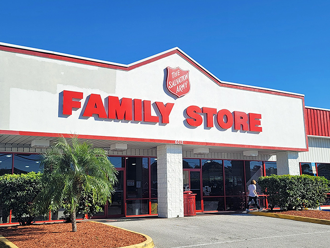 The Salvation Army's bright red signage beckons like a lighthouse for bargain hunters. Salvation for your wallet awaits!