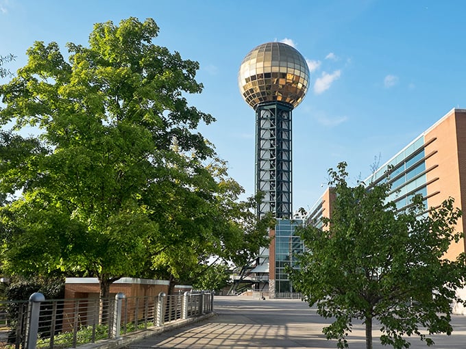 Knoxville's golden golf ball in the sky &ndash; it's like the Space Needle's flashier Southern cousin decided to dress for disco.