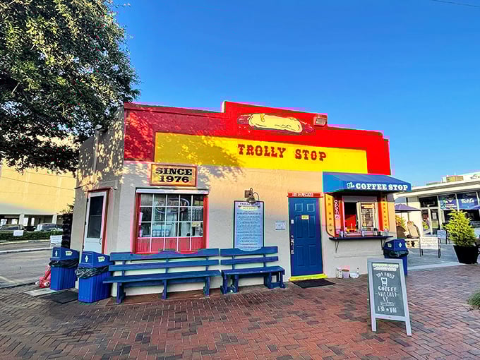 The Trolly Stop's carnival of colors announces itself like a beach party that happens to serve incredible hot dogs.