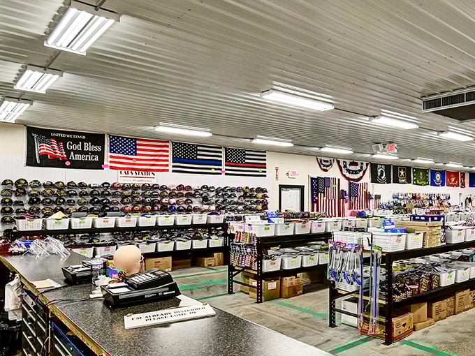 Rustic charm meets retail therapy! Walnut Creek Marketplace displays treasures beneath exposed beams in Amish Country's shopping haven.
