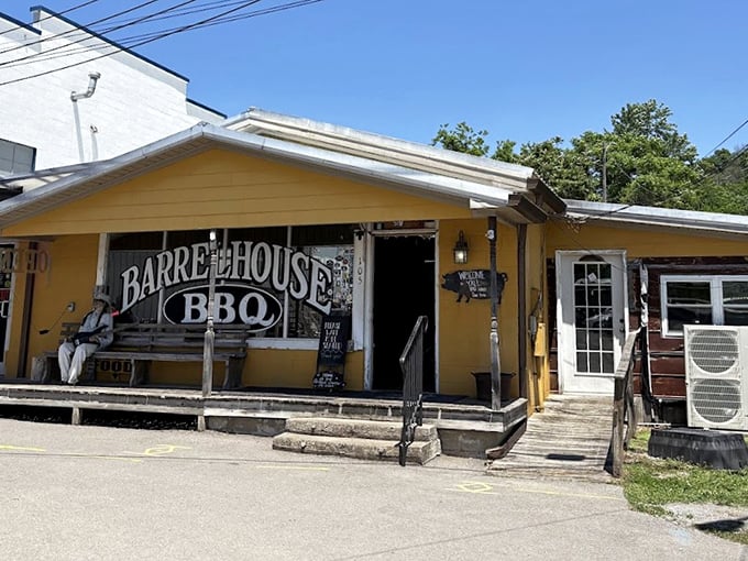 "Simple bench, wooden porch, life-changing BBQ. Sometimes the best things come in bright yellow packages."