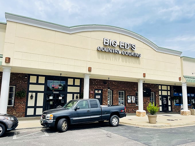 The classic brick exterior of Big Ed's hides a wonderland of Southern breakfast treasures waiting to be discovered.