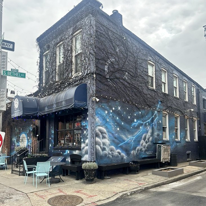 Blue Moon Cafe (building with mural): "Where ivy meets artistry. Inside this magical building, breakfast dreams come true with a side of Fells Point charm."