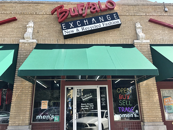 "Buy, Sell, Trade" – Buffalo Exchange's window promises a thrifting experience that's more boutique than bargain basement.