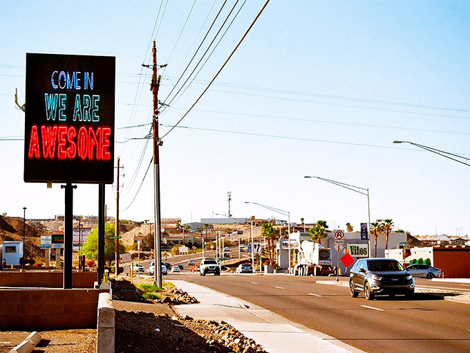 "Come in, we are awesome" - Bullhead City's welcoming sign perfectly captures this Colorado River town's unpretentious charm.