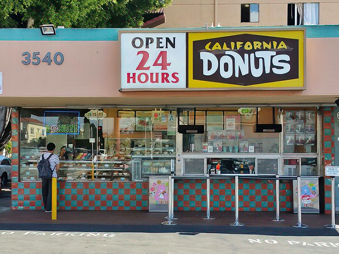 The colorful checkerboard counter at California Donuts adds retro charm. A sweet spot that never sleeps, just like Los Angeles itself.
