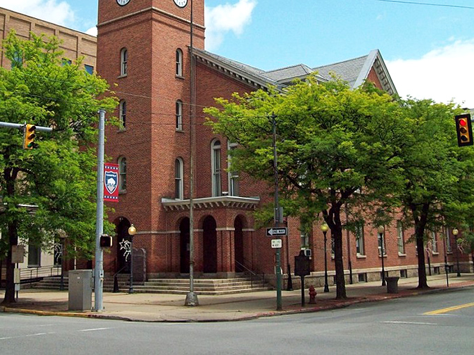 The clock tower building in Clearfield stands like a red-brick guardian of time, watching over generations of townspeople below.