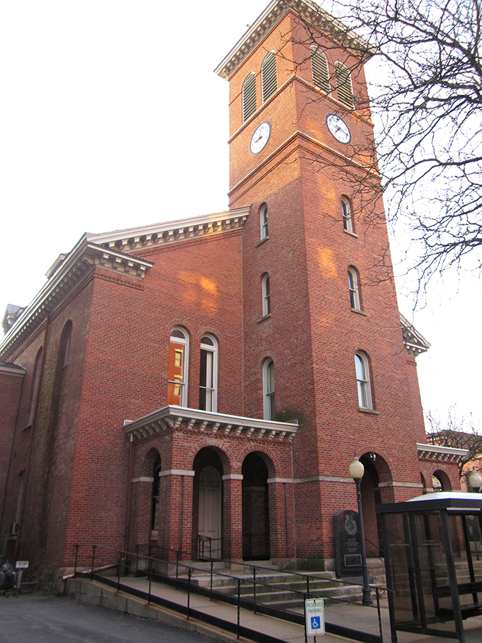 This historic church in Clearfield reaches skyward with its impressive brick tower and arched windows.