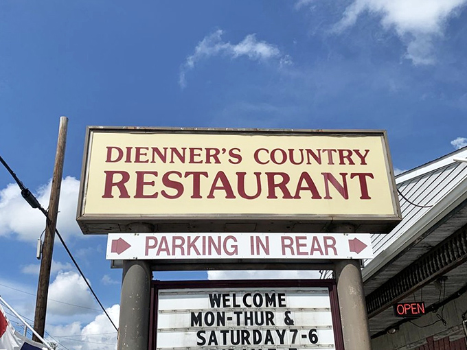 That classic roadside sign at Dienner's has been guiding hungry travelers to fried chicken nirvana for generations.
