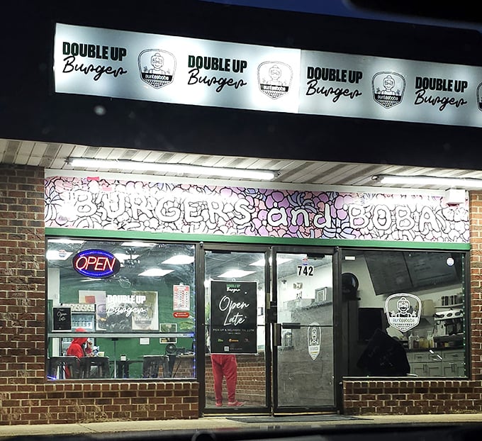 Late-night burger cravings have met their match at Double Up. The neon "Open" sign beckons hungry night owls to burger salvation.