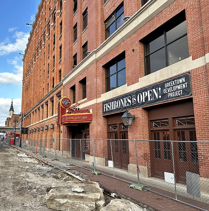 The Greektown location of Fishbones marries Detroit history with seafood flair. That sign promises oceanic treasures in an urban setting.