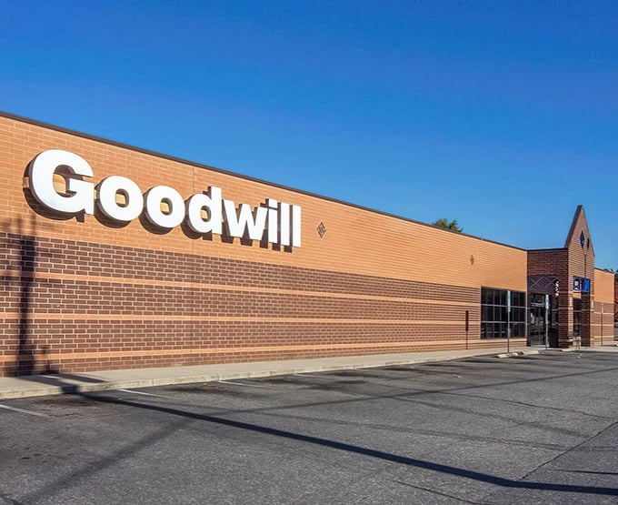Goodwill's bold signage stands out against the brick&mdash;as confident as that vintage jacket you'll find inside.