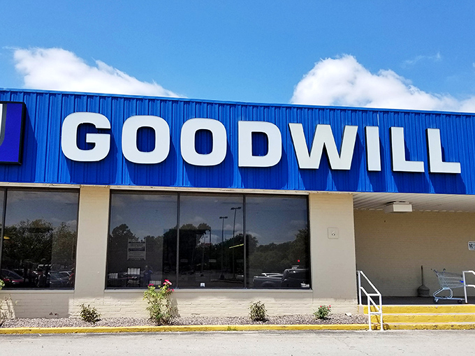 This Springfield Goodwill outpost offers a clean, bright facade that hints at the organized treasures within.