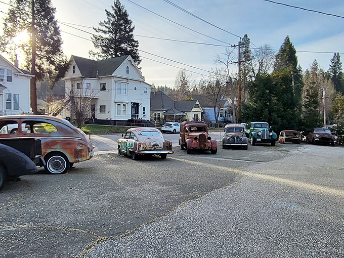 Vintage cars line up in Grass Valley like a classic Hollywood movie set, where Victorian homes watch over automotive history.