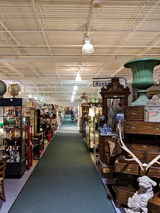 Green carpeted aisles lead you through decades of memories. That wooden cabinet probably remembers the first moon landing!
