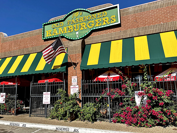 JG's colorful awnings and American flag create the perfect frame for burger perfection. Those flowers add a nice touch!