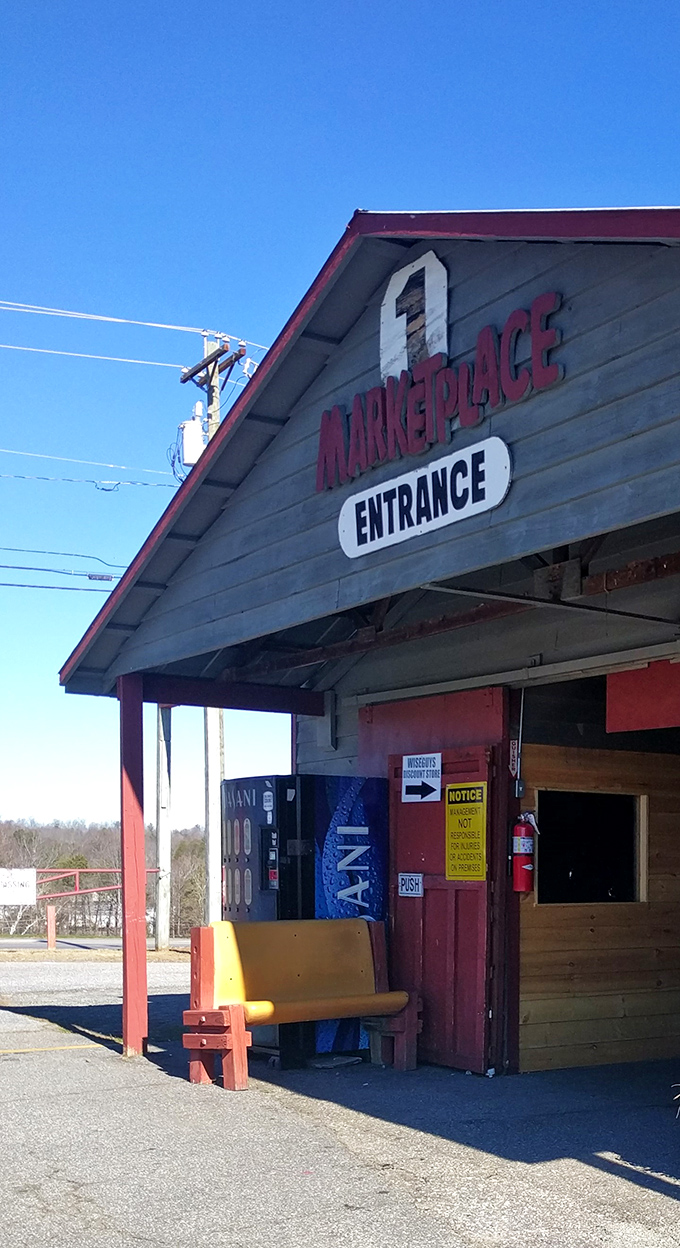 The weathered charm of Jamestown's exterior hints at the authentic finds inside. That Marketplace sign has witnessed countless bargain victories!