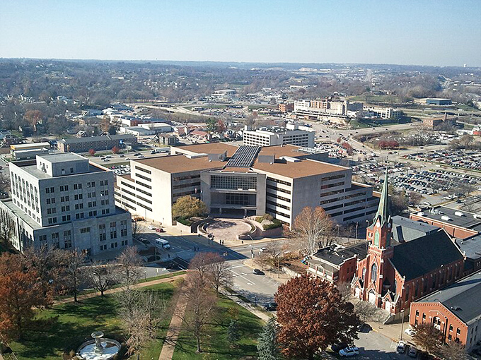 Bird's eye bargain! Jefferson City spreads out like a patchwork quilt of affordable neighborhoods beneath autumn's golden touch.